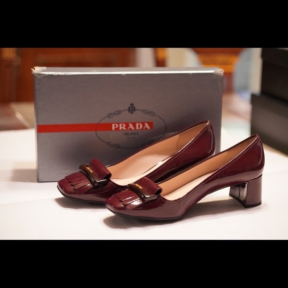 Prada | Shoes | New Prada Kiltie Block Heels Red Brown Patent Antique ...